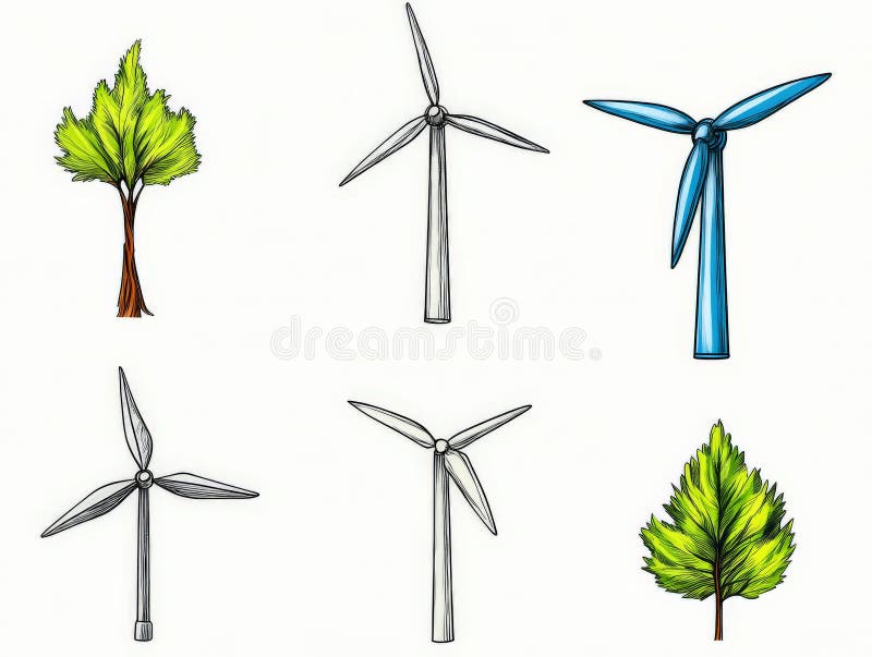 Collection of Illustrated Wind Turbines Trees in Technical Schematic ...