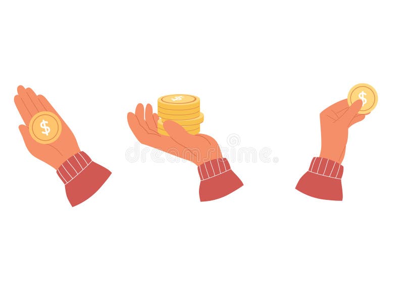 Collection of Illustrations with Hand Holding Gold Coins. Hand with ...