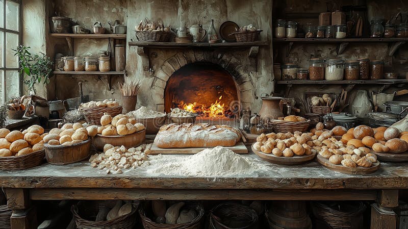 Rustic Bread Baking in Traditional Kitchen Stock Illustration ...