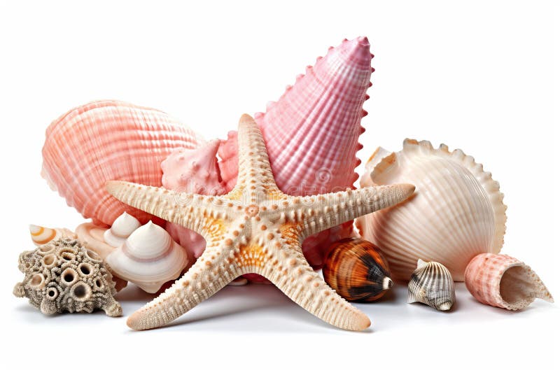 Seashells and Starfish Collection on White Background Stock ...