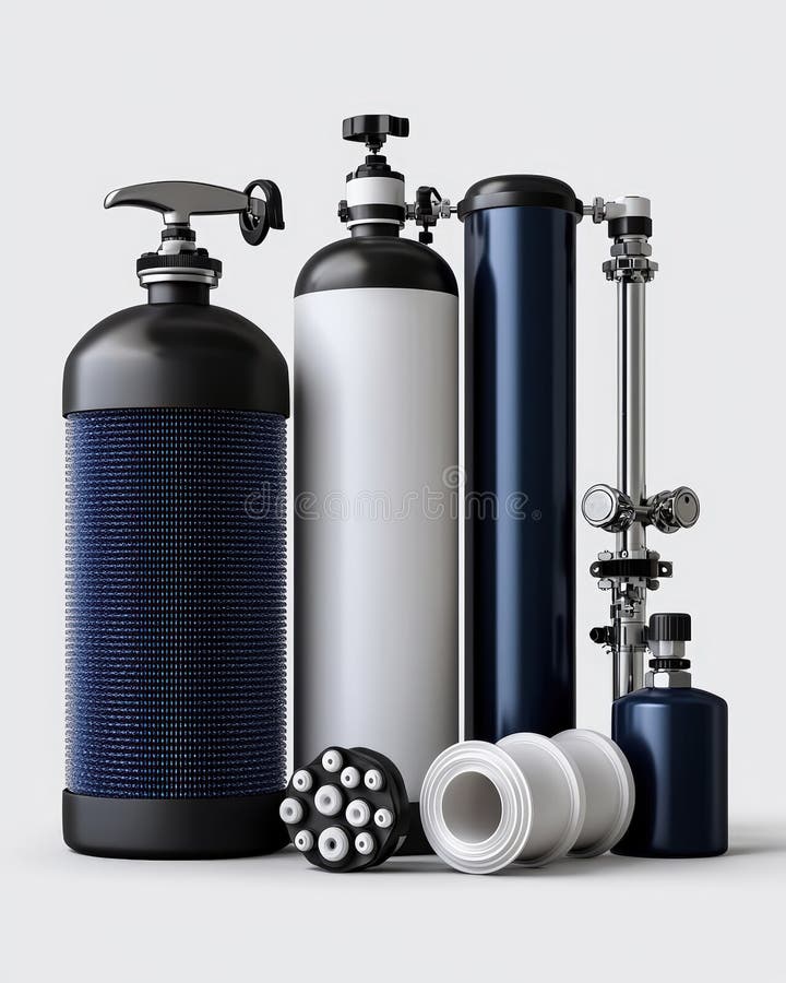 Collection of Industrial Gas Cylinders and Components Showcasing ...