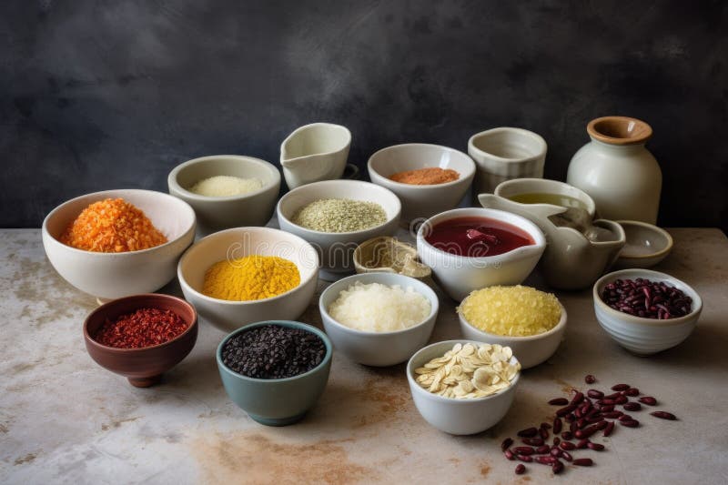 Collection of Ingredients, Each in Its Own Bowl or Containers, for a ...