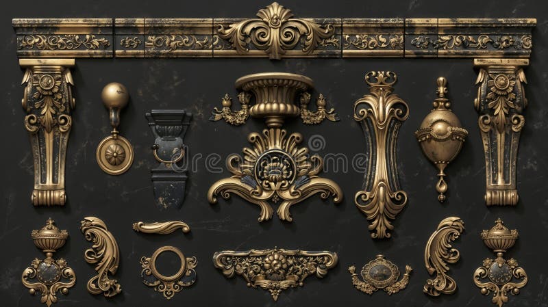 Set of Ornate Gold Bas-Relief Decorative Elements. Stock Photo - Image ...