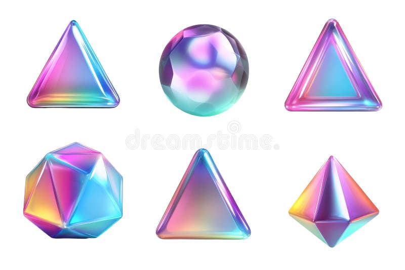 Collection of Iridescent Geometric Shapes Shiny Polygon Objects on a ...