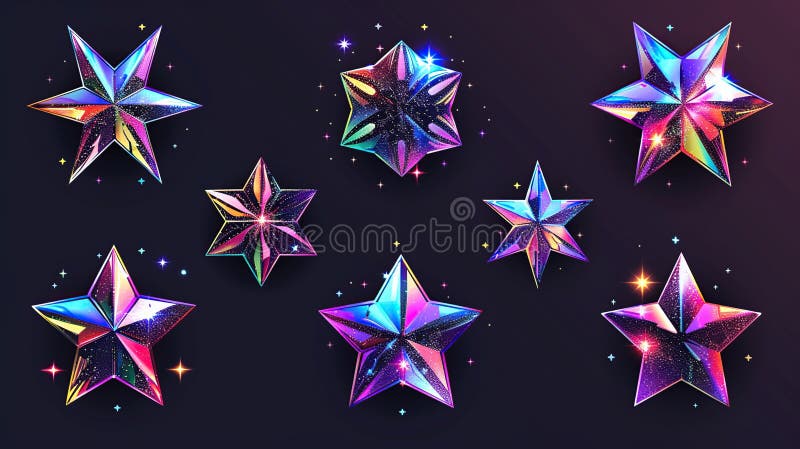 Collection of Iridescent Stars on a Dark Background Stock Illustration ...