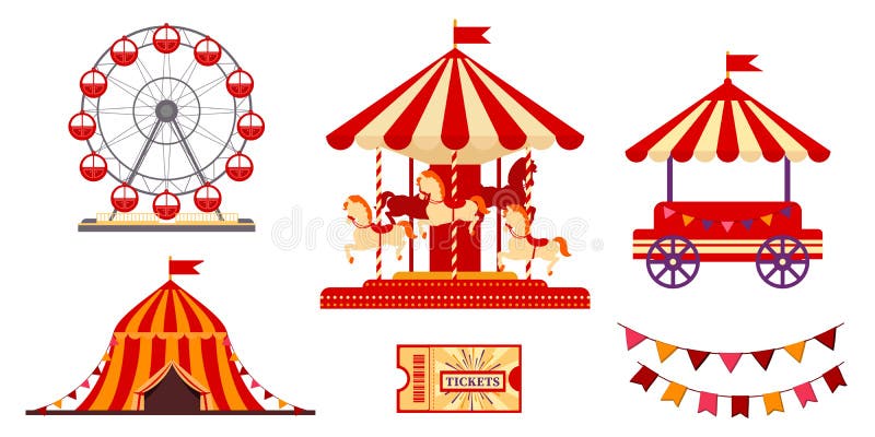 Collection of Isolated Circus Objects Playground Carousel Ferris Wheel ...
