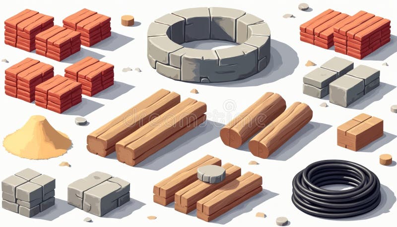Collection of Isometric Building Materials Including Stacked Bricks ...