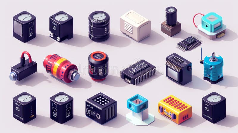 A Collection of Isometric 3D Electronic Components Stock Illustration ...