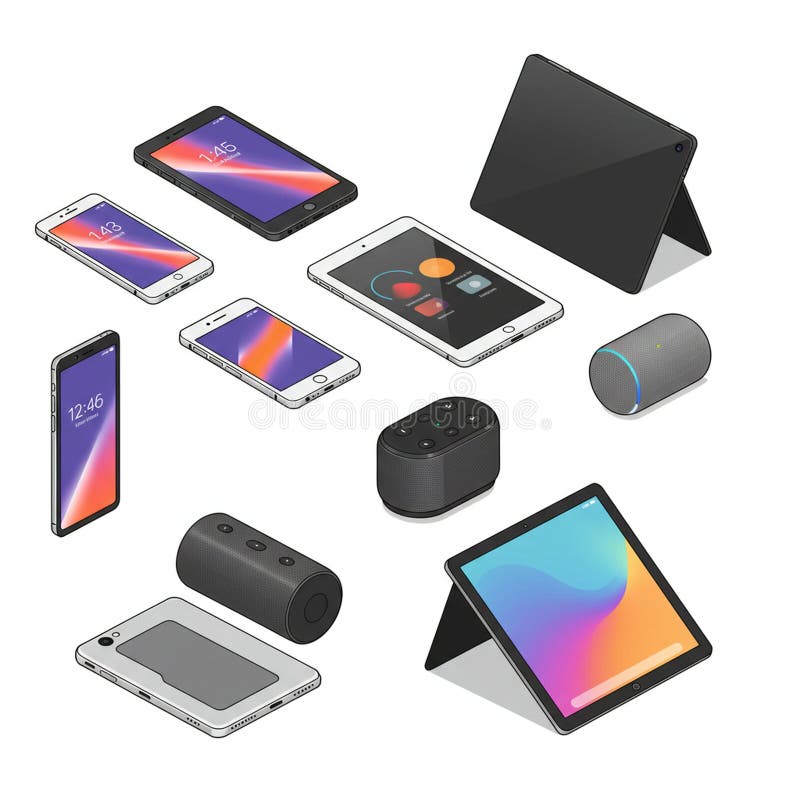 A Collection of Isometric Illustrations of Electronic Devices Includes ...