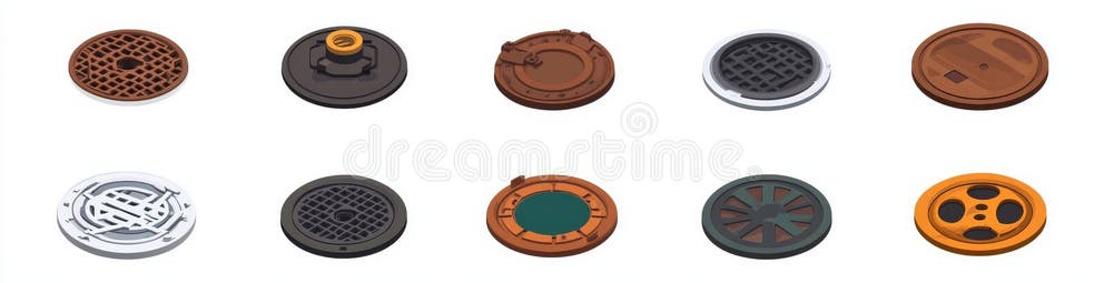 Collection of Isometric Manhole Cover Icons, Featuring Round, Square ...