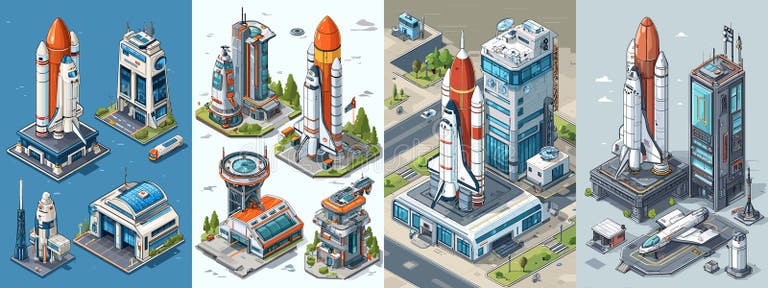 Collection of Isometric Rocket Launch Sites with Spacecraft and ...