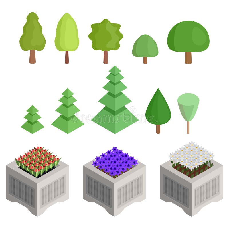 Collection of Isometric Trees and Flower Beds Stock Vector ...