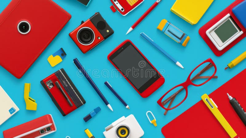 A Collection of Items Including a Camera, a Cell Phone, a Pen Stock ...