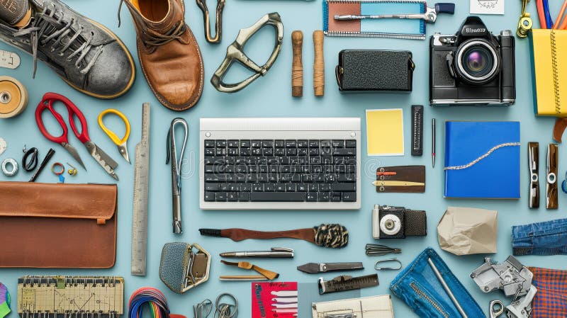 A Collection of Items Including a Keyboard, Scissors, and a Camera ...