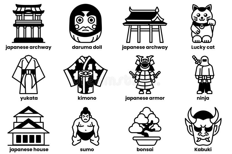A Collection of Japanese Symbols and Characters, Including a Lucky Cat ...