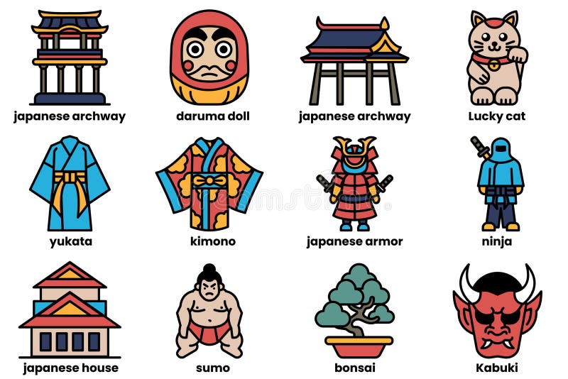 A Collection of Japanese Symbols and Characters, Including a Lucky Cat ...