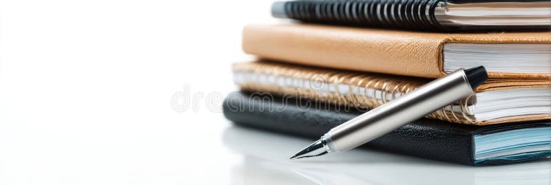 Collection of Journals Stacked with a Pen Resting on Top in a Clean ...