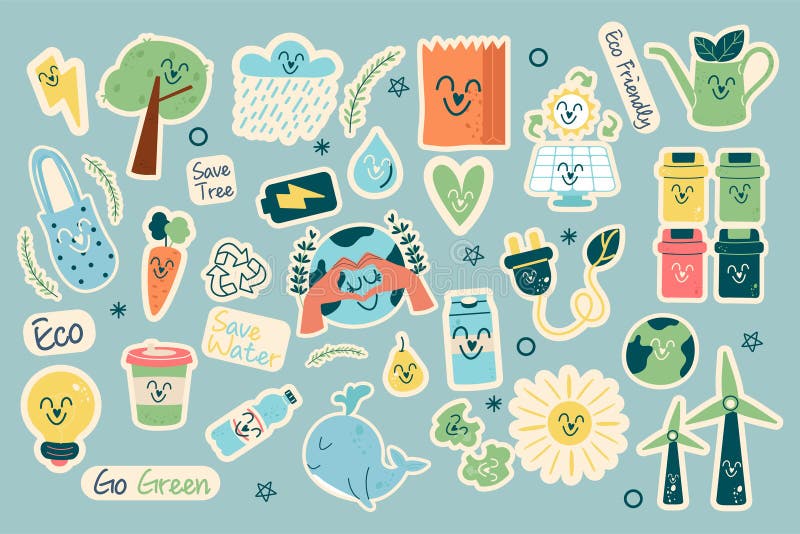 Collection Kawaii Stickers Eco Friendly Cute Elements Stock Vector ...
