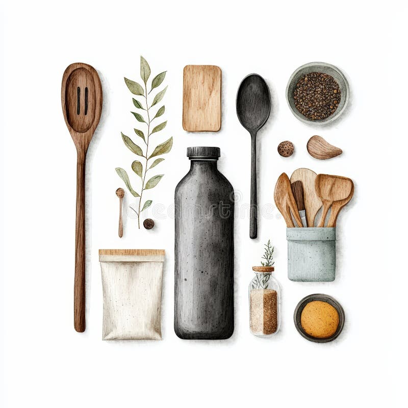 A Collection of Kitchen Items Including Utensils Spices and Herbs ...