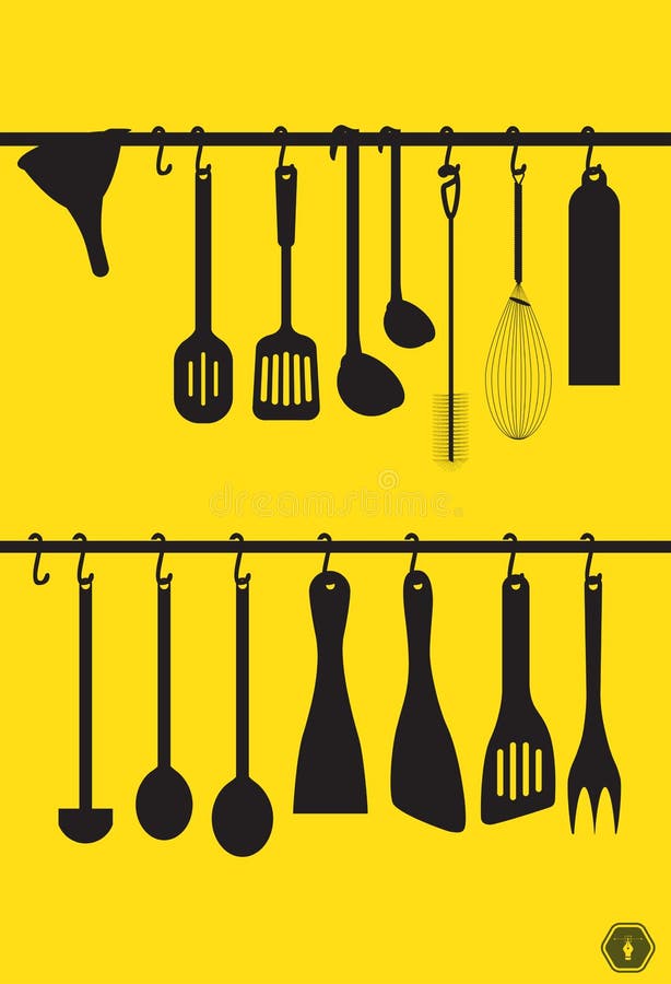Kitchen Utensils Hanging on the Chromed Bar Stock Illustration ...