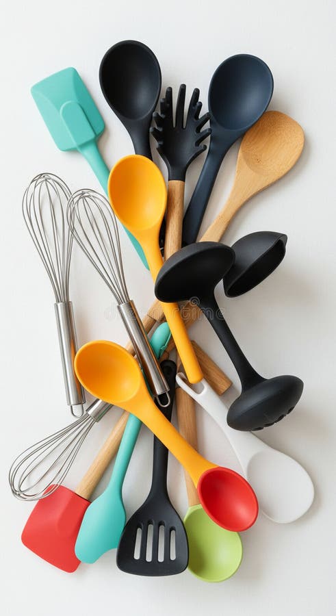 A Collection of Kitchen Utensils, Including Silicone Spatulas in Red ...