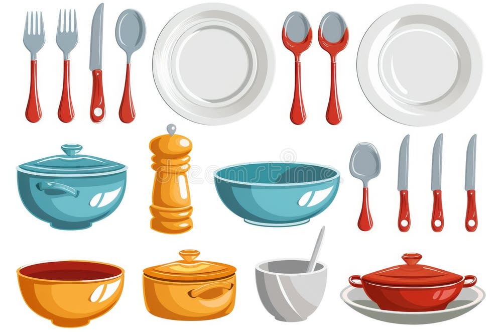A Collection of Kitchen Utensils and Plates on a Table Stock Photo ...