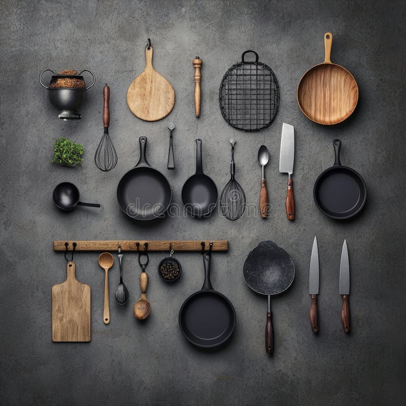 A Collection of Kitchen Utensils and Tools Arranged on a Dark Surface ...