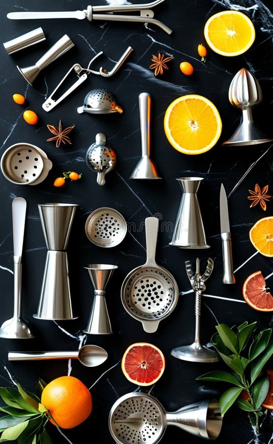 A Collection of Kitchen Uts and Uts on a Black Background Stock ...