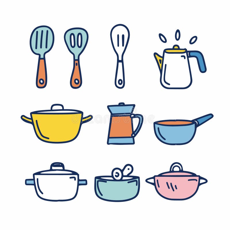Collection Kitchenware Doodle, Handdrawn Pots Pans Utensils. Vector ...