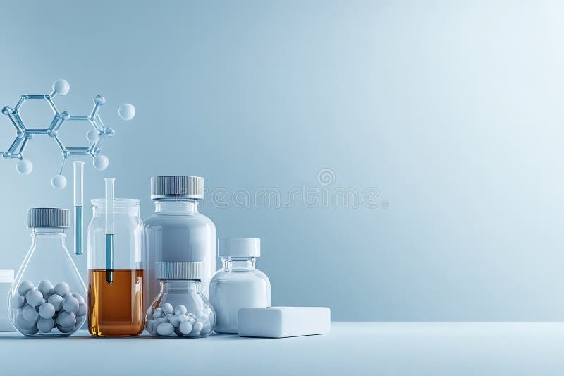 Laboratory Setup with Glassware and Vials Containing Various Substances ...