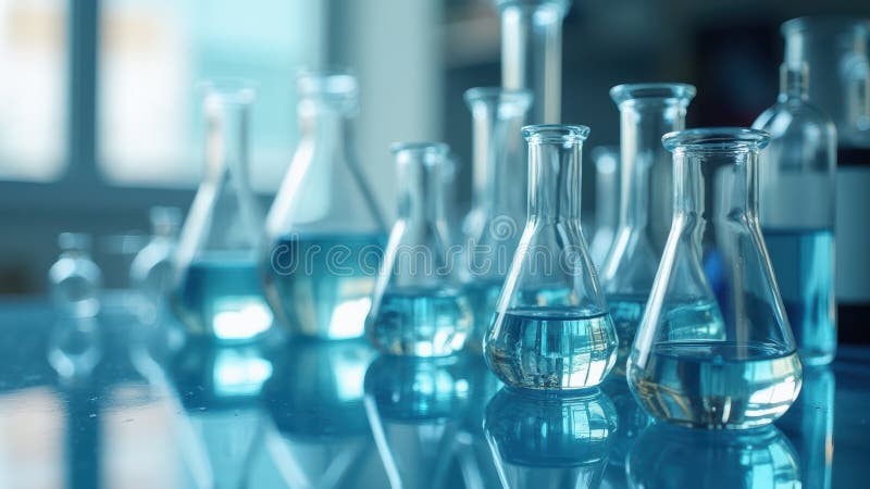 Collection of Laboratory Glassware Containing Blue Liquids Arranged on ...