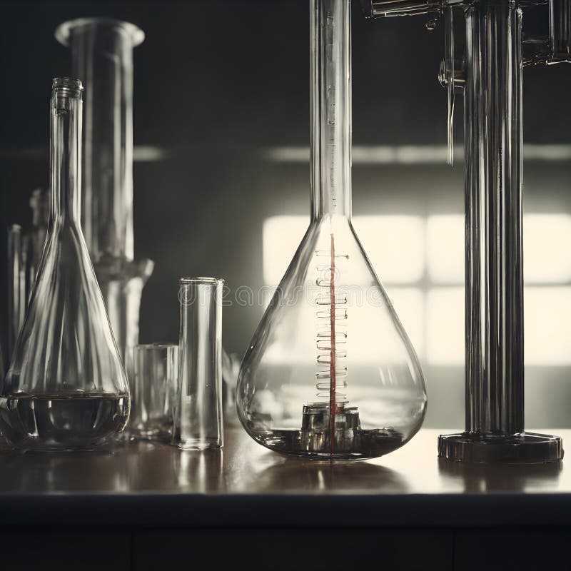 Scientific Glassware in Laboratory with Soft Lighting and Wooden Table ...
