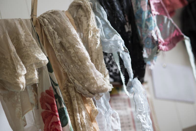 Collection of Lace Fabric on Clothesline Stock Image - Image of cotton ...