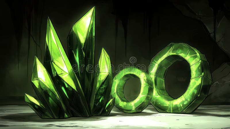 A Collection of Large Green Crystals and Rings, Set in a Dark, Cave ...