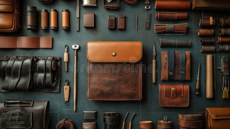 Collection of Leather Materials and Crafting Tools Arranged on a Dark ...