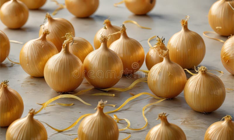 Collection Light Brown Onions with Yellow Stems Arranged in Circular ...