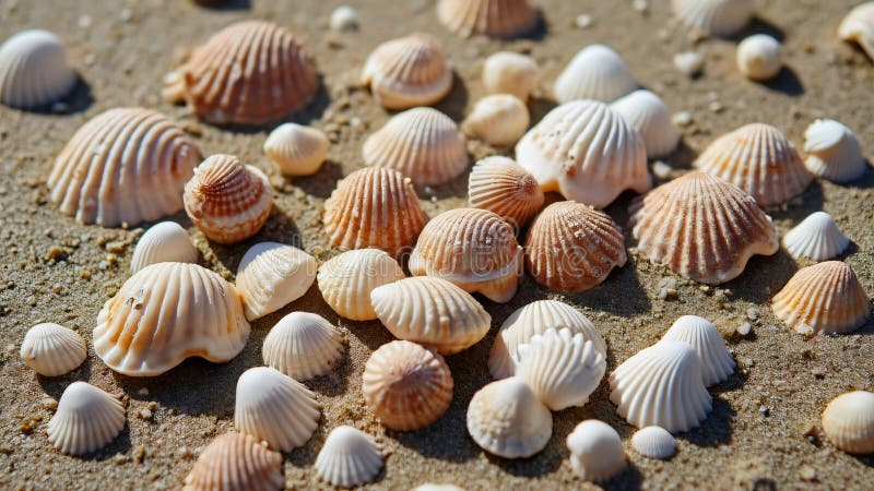 Collection of Light Brown Seashells on Sandy Beach, Conch, Spiral, and ...