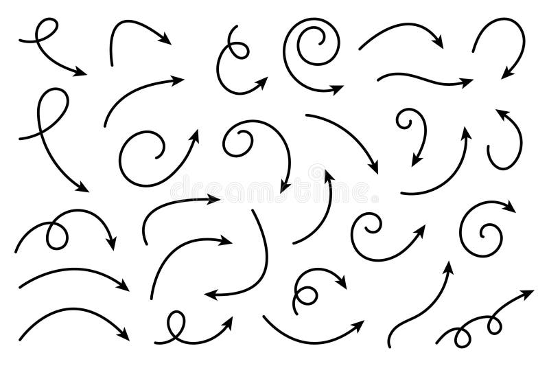 Collection of Line Arrows. Set Simple Curved Hand Drawn Arrows ...