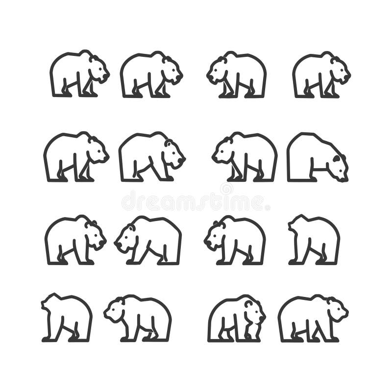 Collection of Sixteen Line Art Bear Icons Stock Vector - Illustration ...