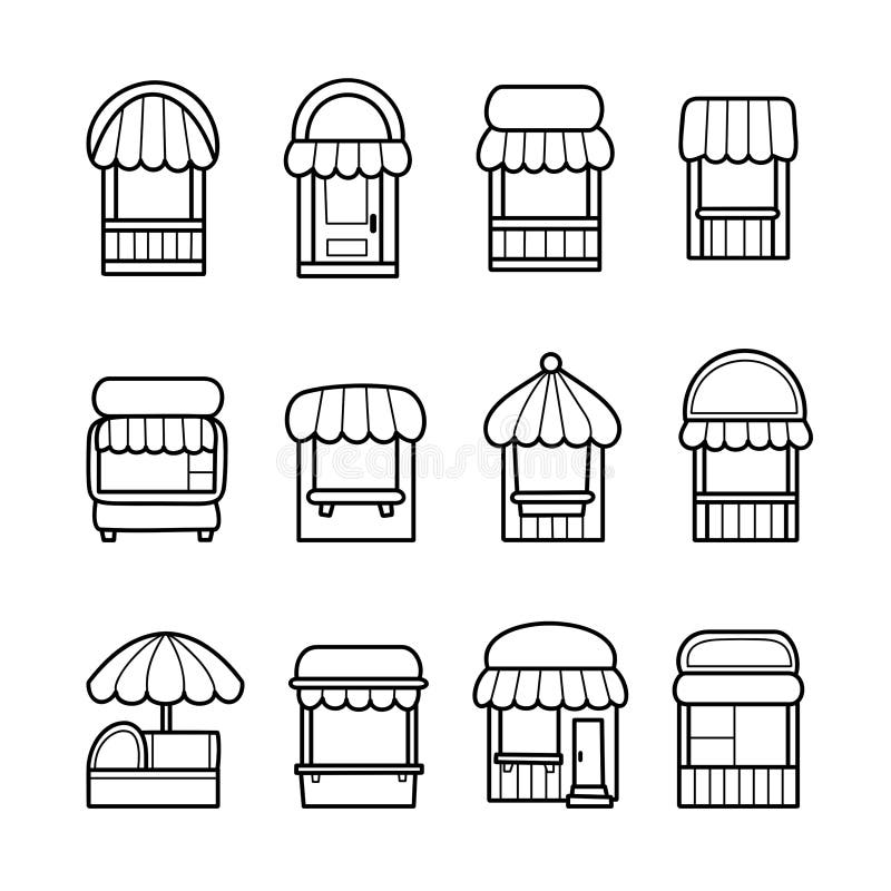 Set of Market Stall and Shopfront Illustration, Black and White ...