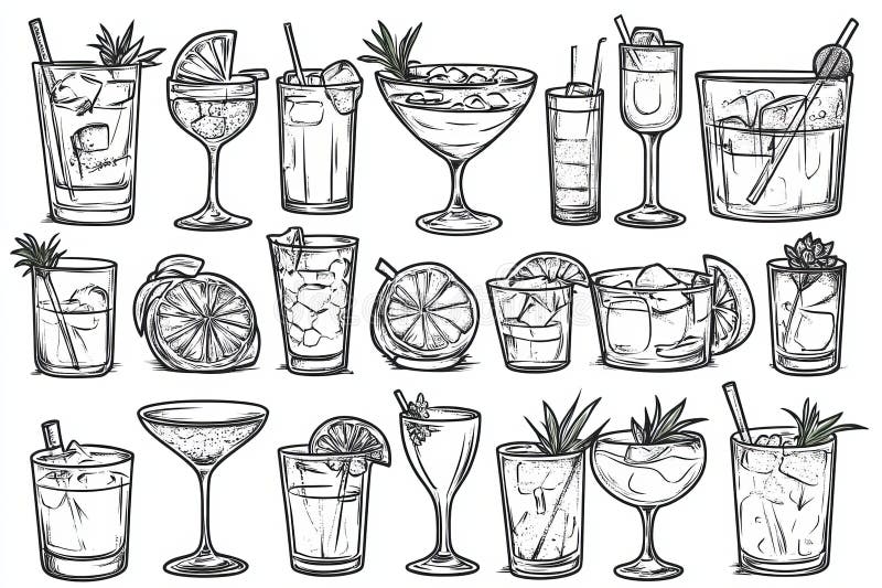 A Collection of Line Drawings of Alcoholic Drinks. a Bar Menu is ...