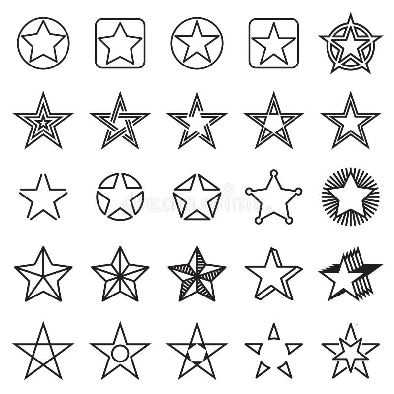 Collection of 25 Linear Star Icons Isolated on a White Background Stock ...