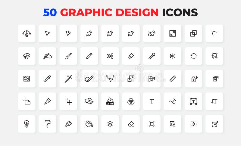 Collection of 50 Lined Design Tool Icons Showcasing Essential Graphic Editing Capabilities ...