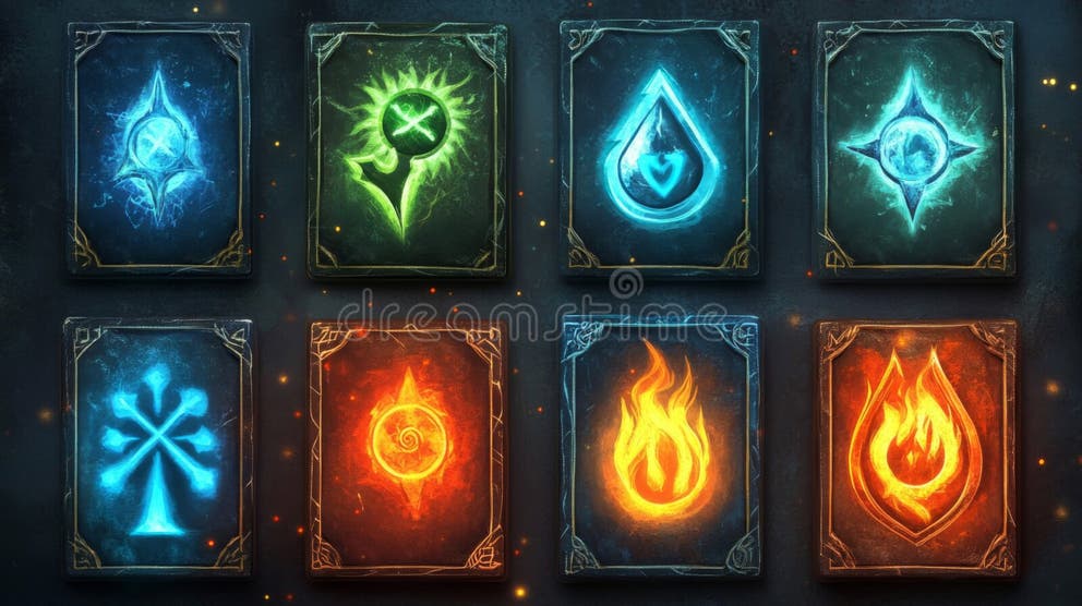 Collection of Magic Element Symbol Cards on Black Background with Fire ...