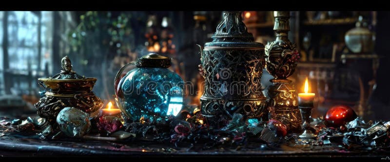 Magical Artifacts on a Mystical Table with Glowing Lights Stock Photo ...