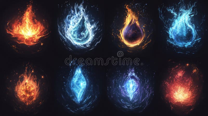 Collection of Magical Fire and Water Elemental Shapes on Black Backdrop ...
