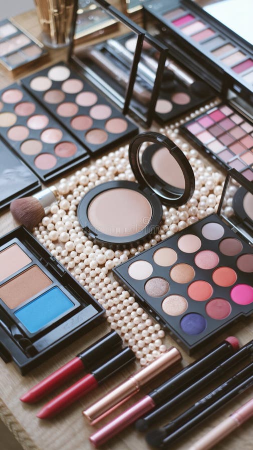 Makeup Products Arranged on Wood, Highlighting Vibrant Palettes and ...