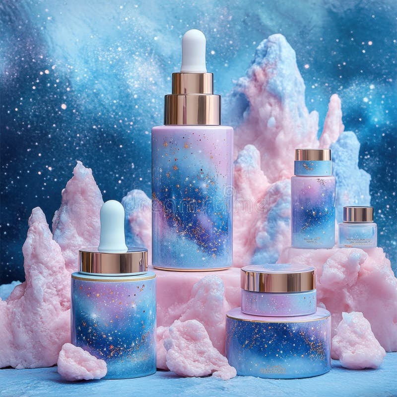 A Collection of Makeup Products with a Blue and Pink Theme, Arranged on ...