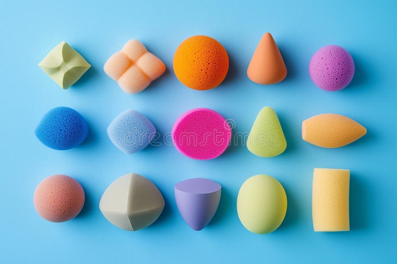 Colorful Variety of Makeup Sponges Arranged Neatly on Blue Background ...