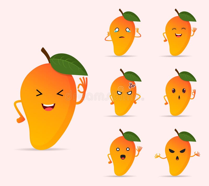 Collection of Mango Fruit Cartoon Character Design Icon. Happy, Angry ...